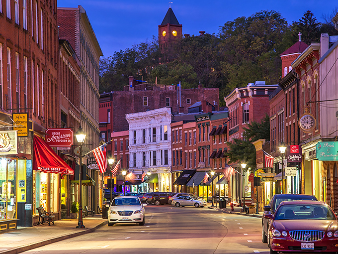Galena's evening glow transforms historic Main Street into something straight from a Norman Rockwell painting.