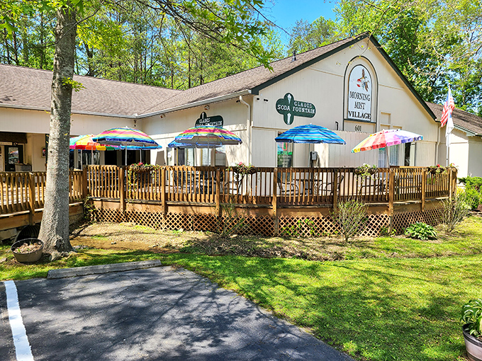 Colorful umbrellas and wooden railings create the perfect backdrop for Smoky Mountain sweet treats.