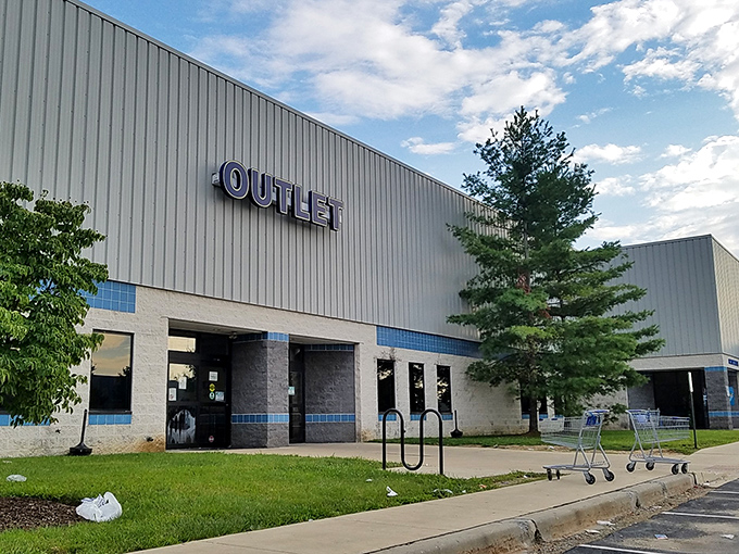 The Goodwill Outlet's industrial exterior hints at the pound-by-pound treasure hunting adventure waiting inside those doors.