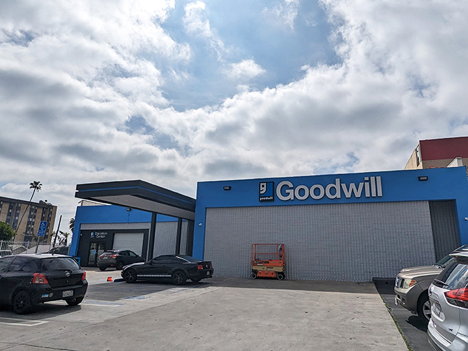 This blue Goodwill building sits like a retail oasis in the urban landscape, ready to surprise every visitor.