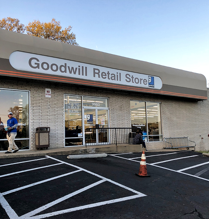 Goodwill's understated storefront conceals a labyrinth of possibilities. Like a treasure chest disguised as a regular building!
