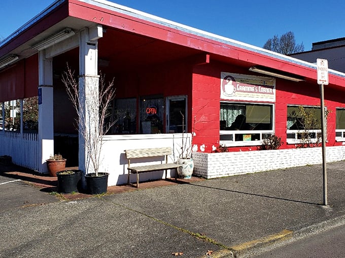 Red and white trim makes this look like the breakfast spot from every feel-good movie.
