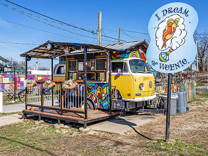 A psychedelic Volkswagen van serving hot dogs - it's like Woodstock decided to feed the masses properly.