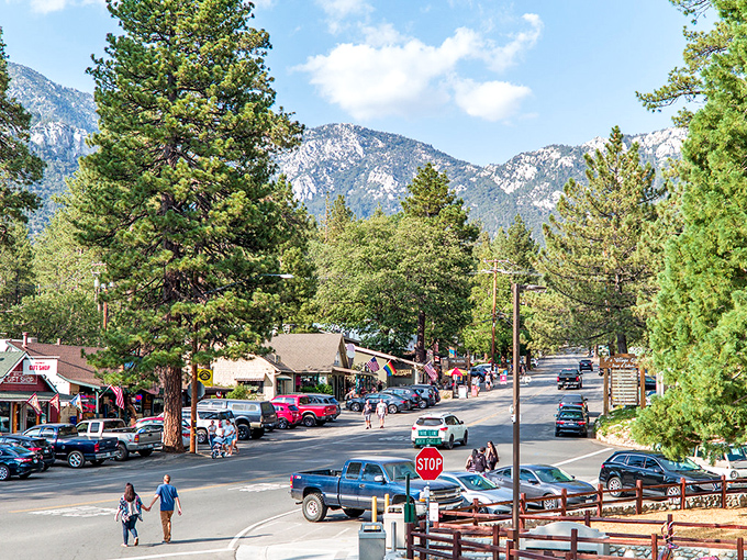 Mountain peaks frame Idyllwild's main street where artistic spirit meets affordable mountain living year-round.