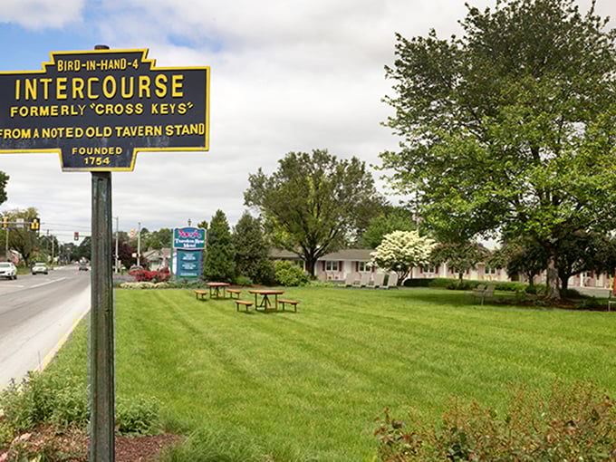 The sign that launched a thousand giggles! Intercourse's famous marker tells a G-rated history that still makes everyone blush.