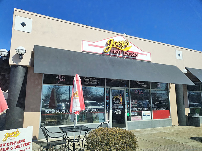 Modern suburban style meets old-school hot dog magic &ndash; Joey's colorful umbrellas invite you to stay and savor.