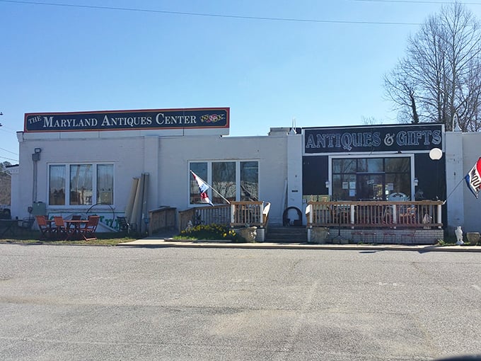 The Maryland Antiques Center's unassuming white exterior belies the colorful history inside. Sometimes the best collections hide in the plainest buildings!
