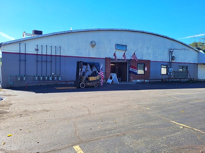 Patriotic flags and industrial charm create an all-American atmosphere for serious bargain hunting adventures.