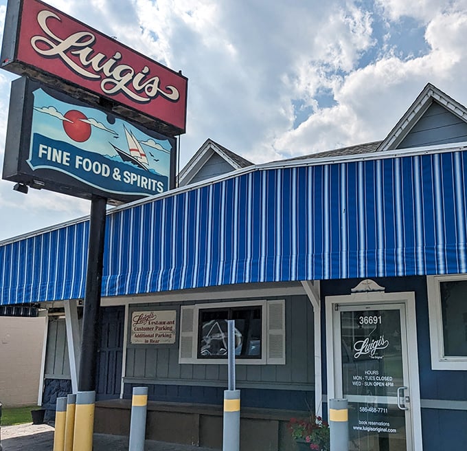 Luigi's cheerful blue exterior radiates the coolness of Italian hospitality meeting Michigan's friendly neighborhood pizza culture.