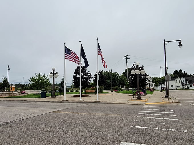 Manistique's red lighthouse glows against the evening sky like a maritime Christmas ornament that works year-round.