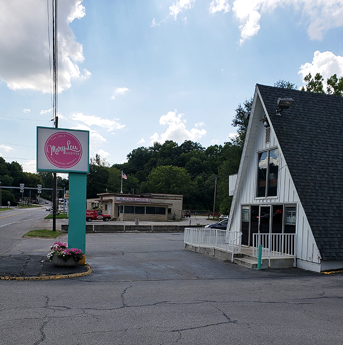 That A-frame building looks like it belongs in a fairy tale. Mary Lou's is the gingerbread house all grown up and selling donuts.