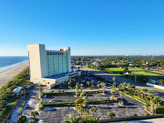Colorful beachside buildings in Melbourne create that classic Florida vibe where flip-flops are acceptable footwear year-round. Casual coastal perfection!