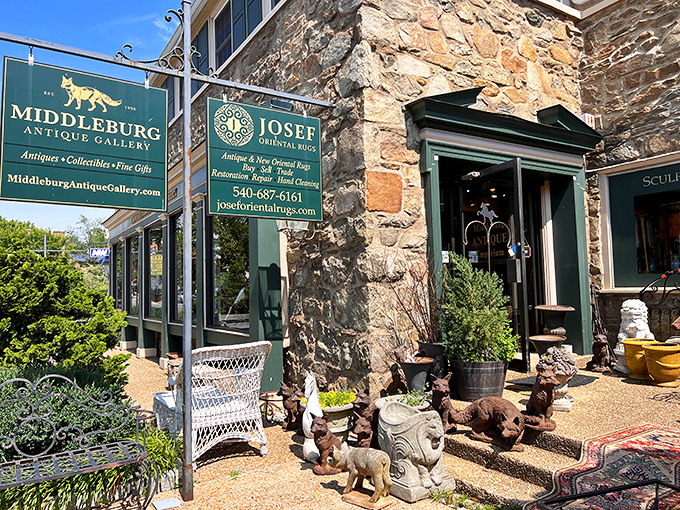 Middleburg Antique Gallery's stone facade and garden statuary set the stage for upscale treasure hunting.