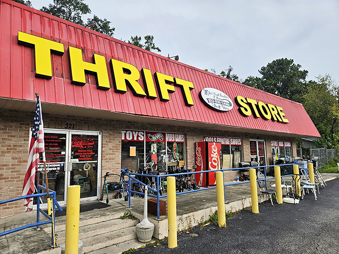 Mike's red barn aesthetic and patriotic flag create that authentic American roadside treasure hunt vibe.