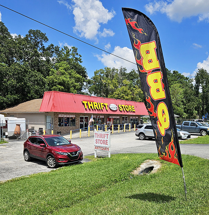 Mike's Used Furniture announces itself with a flaming banner that says "BBQ"&mdash;perhaps because the deals here are smoking hot!