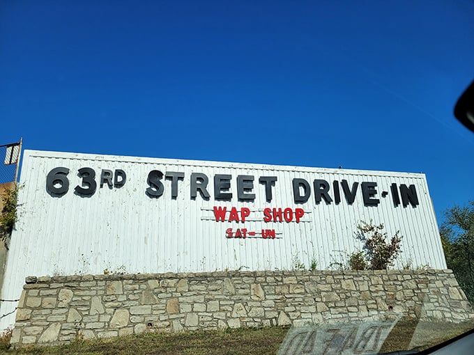 The 63rd Street Drive-In sign tells stories of American nostalgia and weekend family adventures.