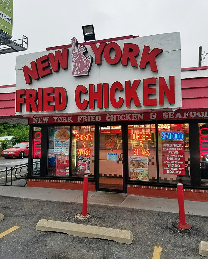 New York Fried Chicken's bold signage makes a statement as loud as its flavors &ndash; no subtlety, just straight-up deliciousness.