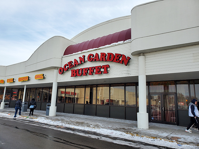 Ocean Garden Buffet's clean white exterior with bold red signage gives just a hint of the seafood treasures waiting inside this Toledo favorite.
