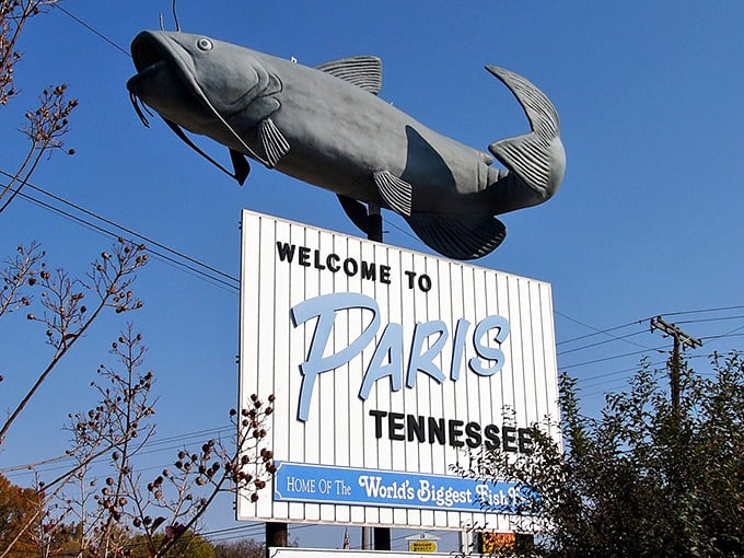 Paris, Tennessee's famous catfish sign welcomes you to the world's biggest fish fry celebration.