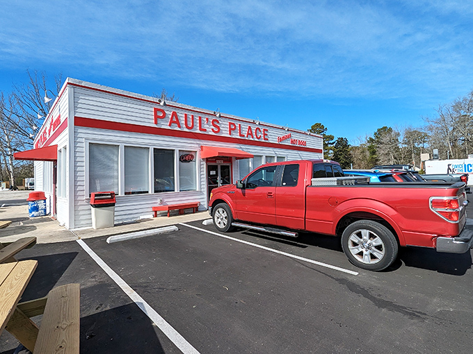 The no-nonsense facade of Paul's Place matches its straightforward approach to hot dog perfection. That red truck seems to know what's good!