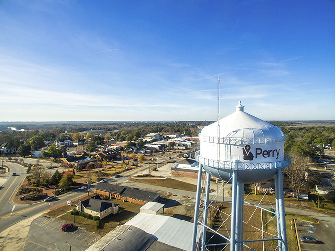 Perry's water tower watches over downtown like a friendly giant making sure everyone behaves at Sunday dinner.