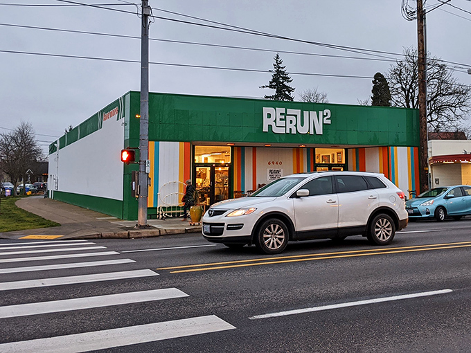 Rerun's rainbow stripes announce serious vintage fun where every decade gets its moment to shine again.