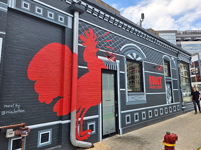 Roost's striking red rooster mural declares this Milwaukee Avenue spot means serious chicken business.