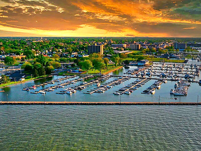Sandusky's golden hour transforms the harbor into liquid gold worthy of any travel magazine.