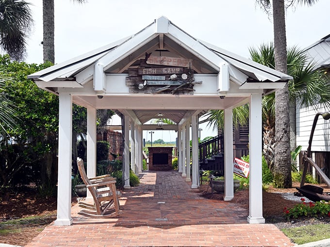 Skipper's weathered pavilion entrance promises authentic coastal dining where fishing traditions still matter most.