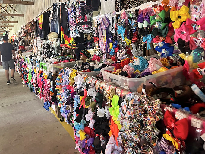 This clothing wonderland stretches like a rainbow of fabric possibilities, proving that fashion doesn't have to cost a fortune to look fantastic.