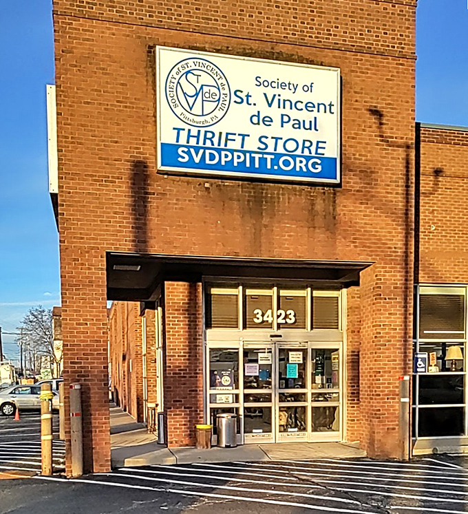 This brick building houses Saint Vincent de Paul's mission-driven approach to affordable community shopping.