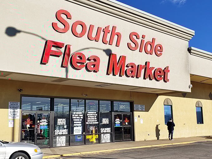 South Side Flea Market's storefront whispers "come explore" to every passing treasure hunter's heart.