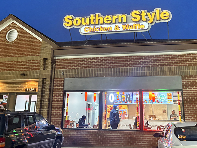 Evening light illuminates another Southern Style outpost, proving great chicken and waffle combinations deserve multiple neighborhood celebrations.