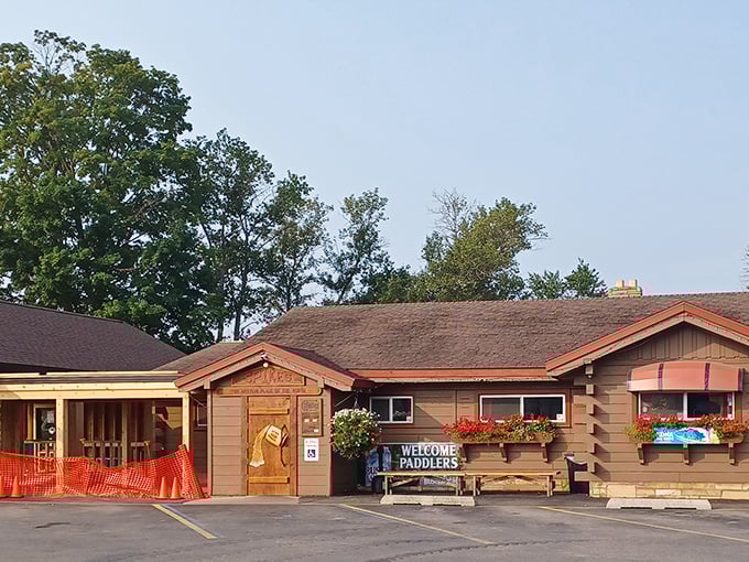 Rustic cabin vibes promise hearty burgers that'll fuel your next outdoor Michigan adventure.