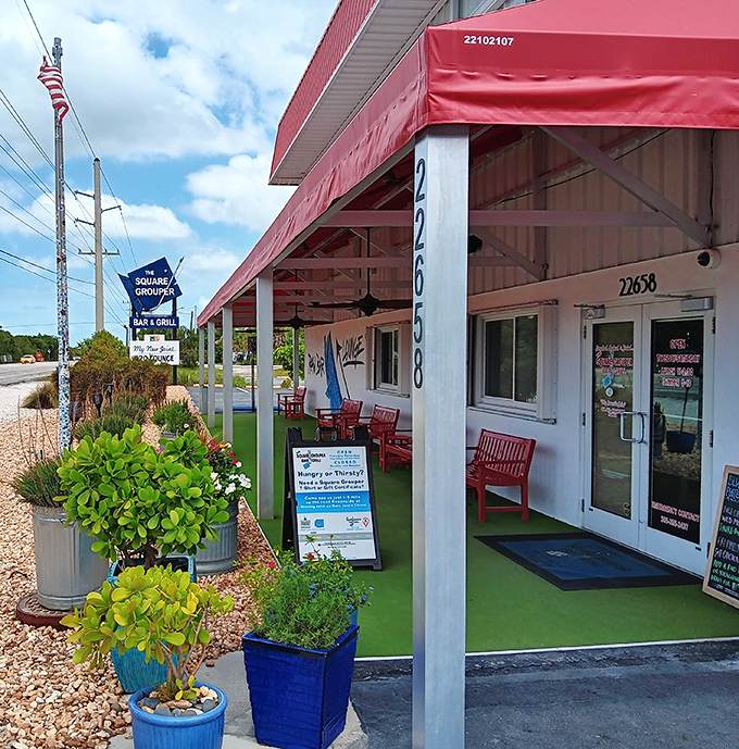 The Square Grouper's entrance has that perfect Keys vibe&mdash;casual, colorful, and ready to serve you something that was swimming this morning.