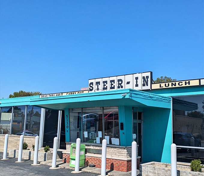 Turquoise and chrome screaming classic drive-in - Steer-In's retro look promises burgers worth the nostalgic trip back.