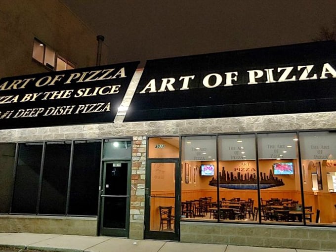 Bold signage announces serious pizza intentions &ndash; like a billboard for your taste buds.