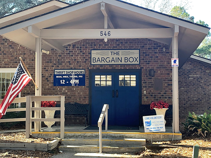 That charming brick building with the blue doors looks like the perfect place to discover island treasures.