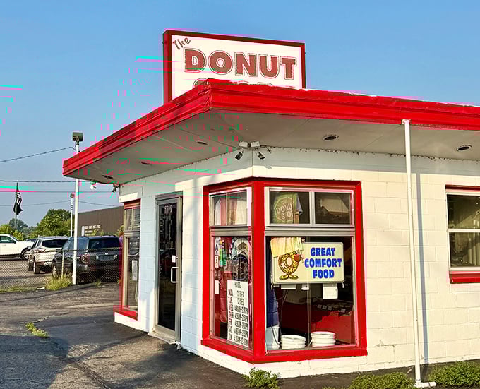 The Donut Stop's humble red-trimmed exterior hides some of the city's most beloved circular treasures.