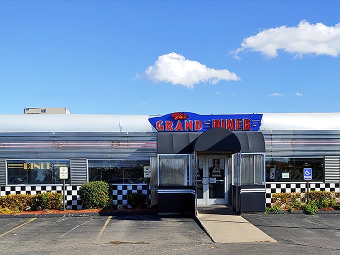 The Grand Diner's classic chrome and checkered exterior&mdash;where 1950s nostalgia meets 21st-century appetite satisfaction.