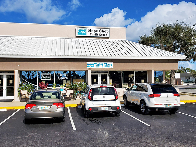 The HOPE Shop's cheerful signage promises that your bargain hunting will also help your community.