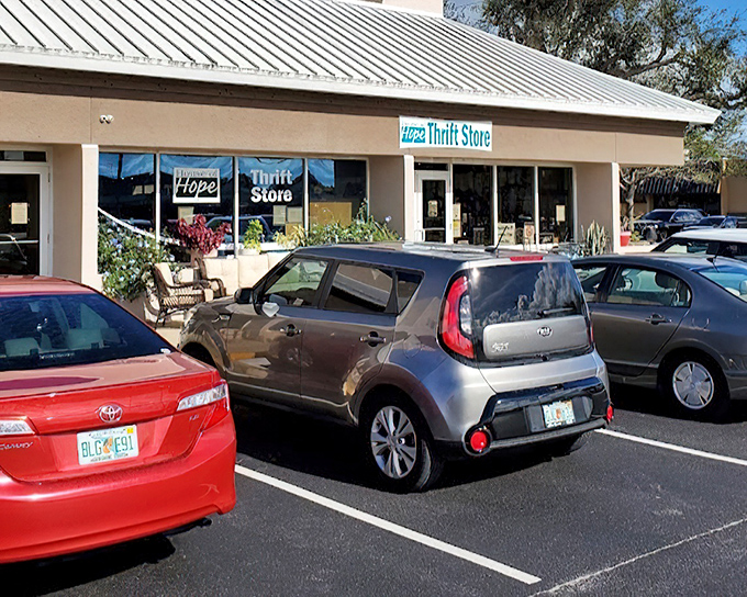 The HOPE Shop's clean lines and inviting entrance set the tone for a boutique thrifting experience.