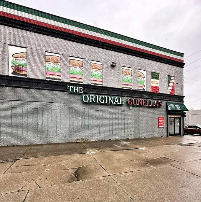 Italian flag colors on gray brick tell the whole delicious story before you even step inside.