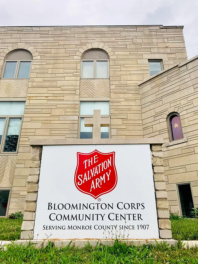 Bloomington's Salvation Army headquarters - where college town charm meets serious secondhand shopping opportunities.