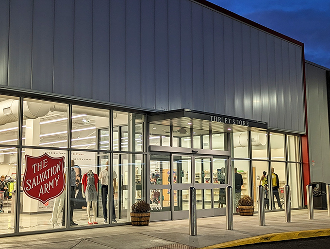 Floor-to-ceiling windows showcase a modern thrift store that feels more like upscale retail than traditional secondhand shopping.
