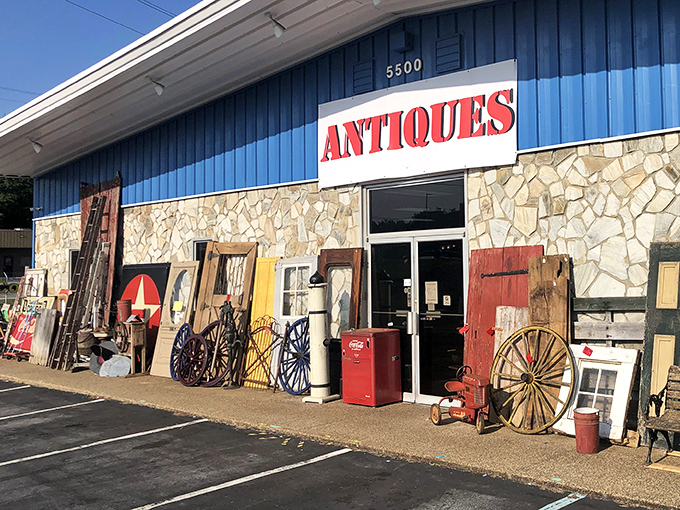 This blue and stone building stretches like a vintage village, promising treasures around every corner.