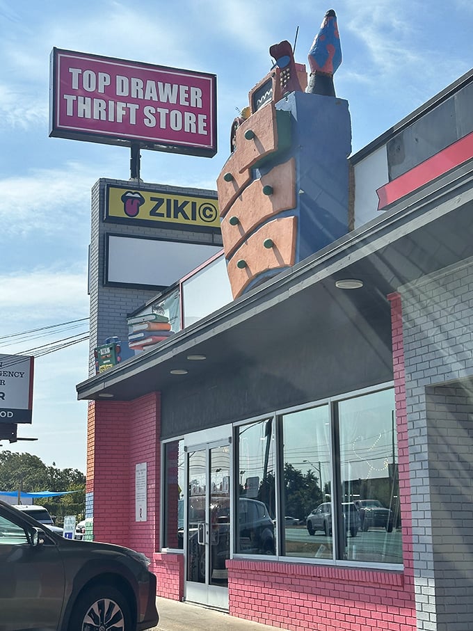 Top Drawer's quirky rooftop display suggests this isn't your average thrift store experience inside.