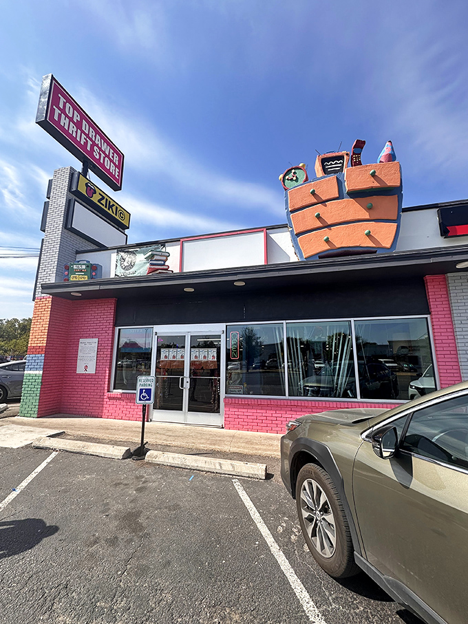 Top Drawer's whimsical exterior hints at the creative finds within. That boat on the roof? Just the first surprise!