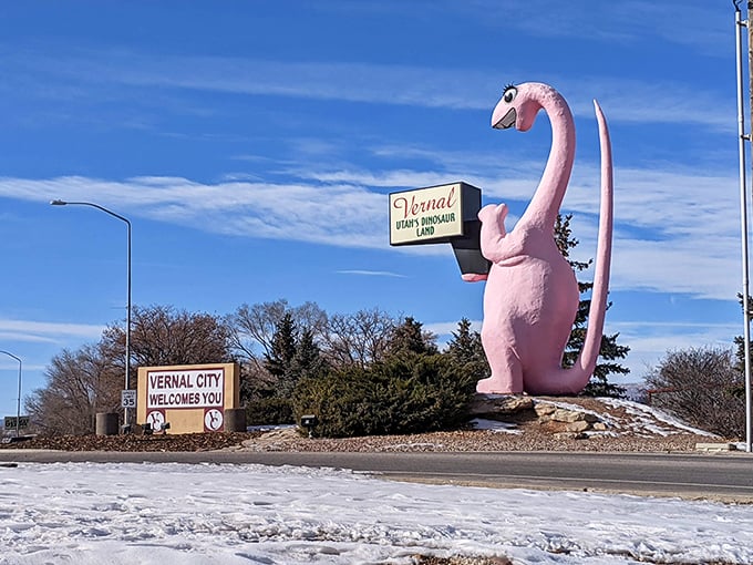 Vernal's famous pink dinosaur welcomes visitors to a town where prehistoric wonders come with present-day affordability.