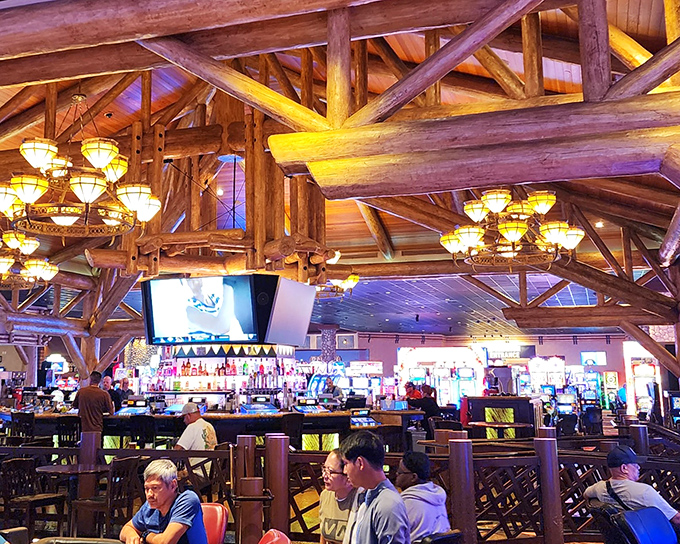 Lodge-style dining room with soaring beams creates the perfect atmosphere for mountain-sized ribeye portions.
